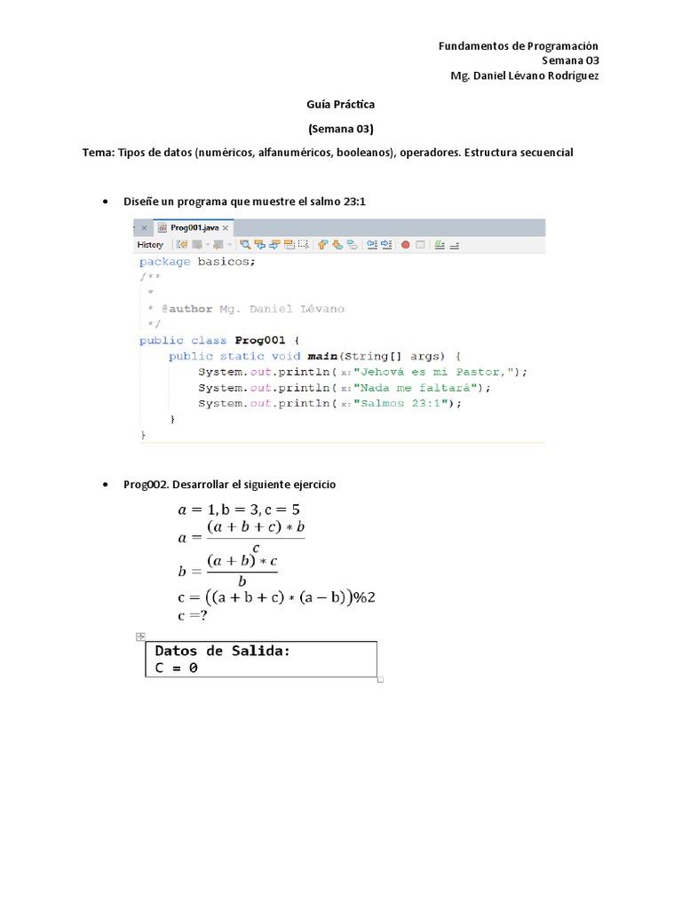 Guía Práctica (Semana 03) Tema: Tipos de Datos (Numéricos, Alfanuméricos, Booleanos), Operadores ...