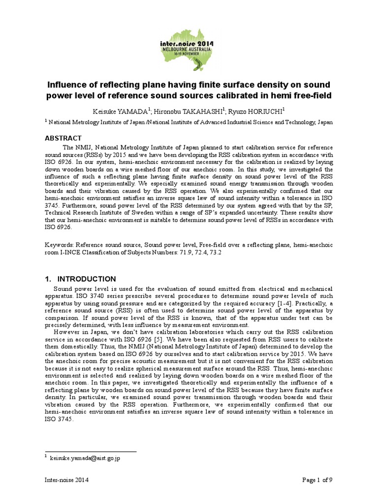 Influence of Reflecting Plane Having Finite Surface Density On Sound Power Level of Reference ...