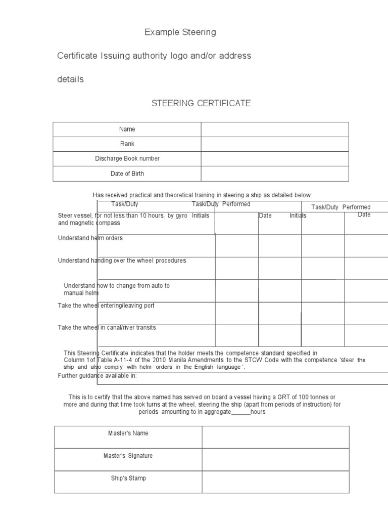 Example Steering Certificate Issuing Authority Logo And/or Address ...