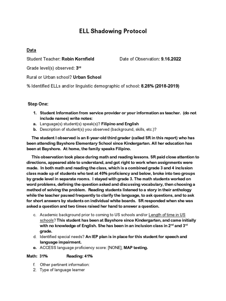 Ell Observation Bayshore 9 | PDF | Teachers | Classroom