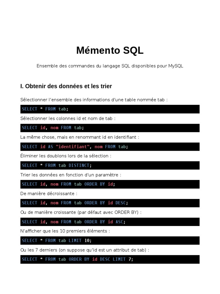 Mémento SQL | PDF | SQL | Programmation informatique