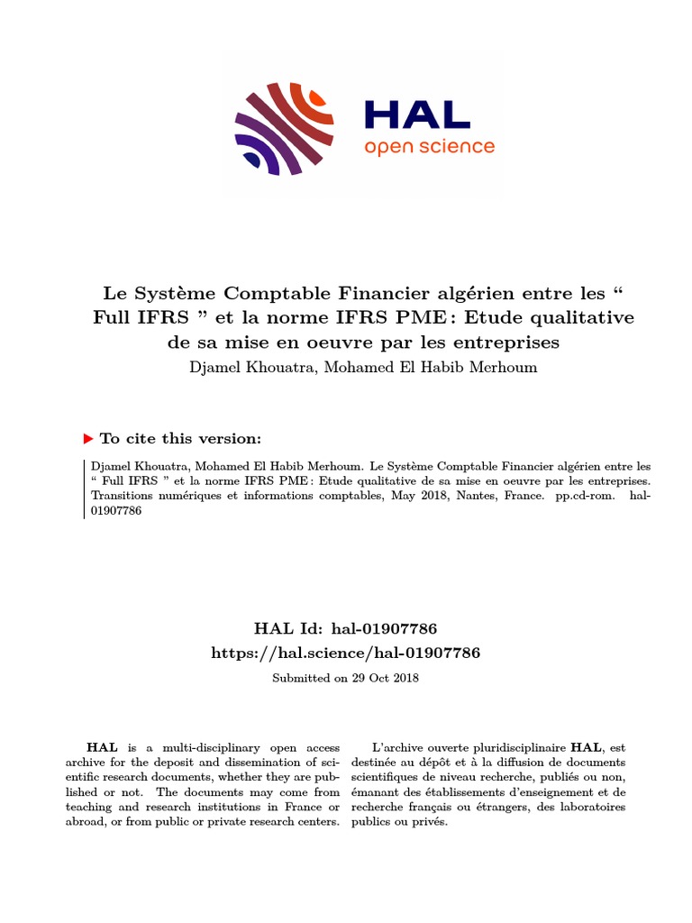 Le Système Comptable Financier Algérien Entre Les " Full IFRS " Et La Norme IFRS PME: Etude ...