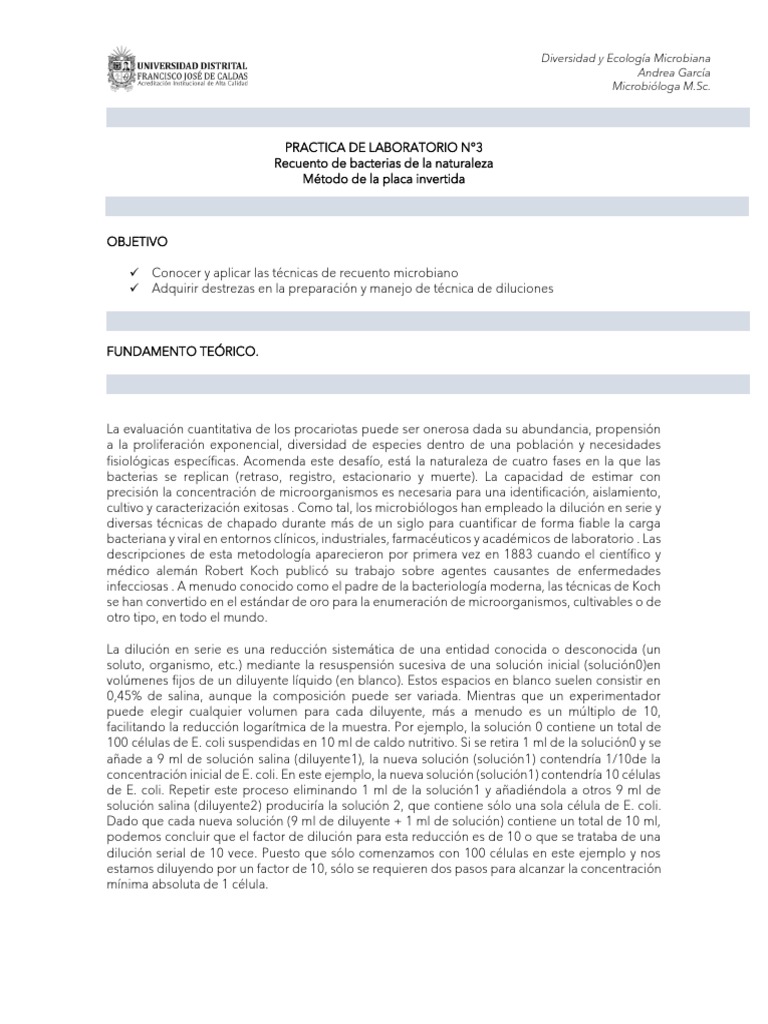 PRACTICA DE LABORATORIO N°3 Recuento de Bacterias de La Nat Por Placa ...