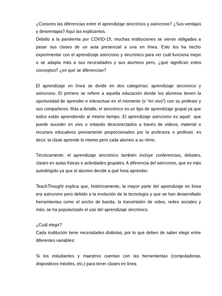 Diferencias Entre Aprendizaje Sincrónico y Asincrónico | PDF | Internet ...