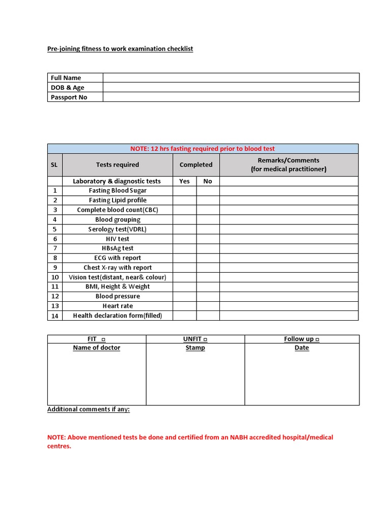 Pre-Employment Fitness Examination Checklist | PDF