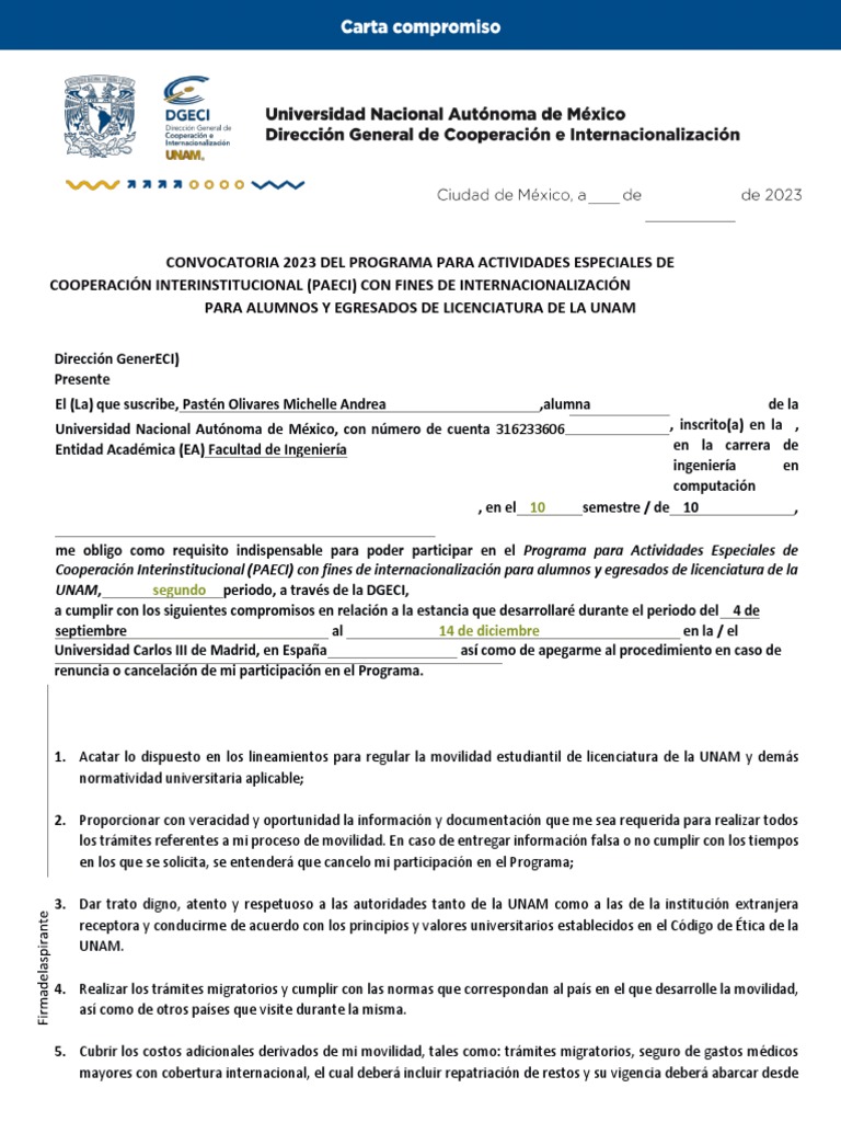 Carta de Compromiso PAECI UNAM | PDF | México
