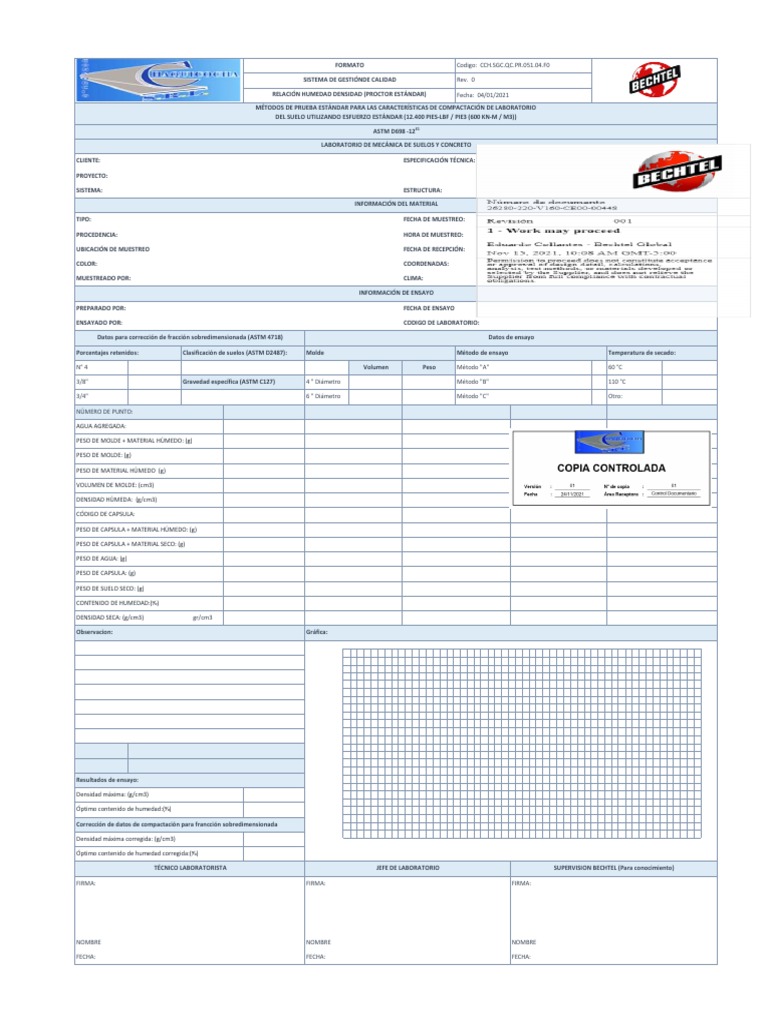 04.CCH - SGC.QC - PR.051.04. F01 Formato de Próctor Estándar (ASTM D698) | PDF | Ciencias de la ...