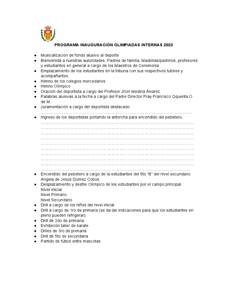 Programa Inauguración Olimpiadas Internas 2023 | PDF