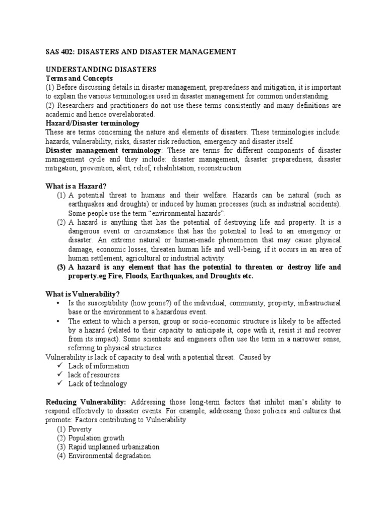 SAS 402 Disaster Management Lecture Notes | PDF | Emergency Management ...