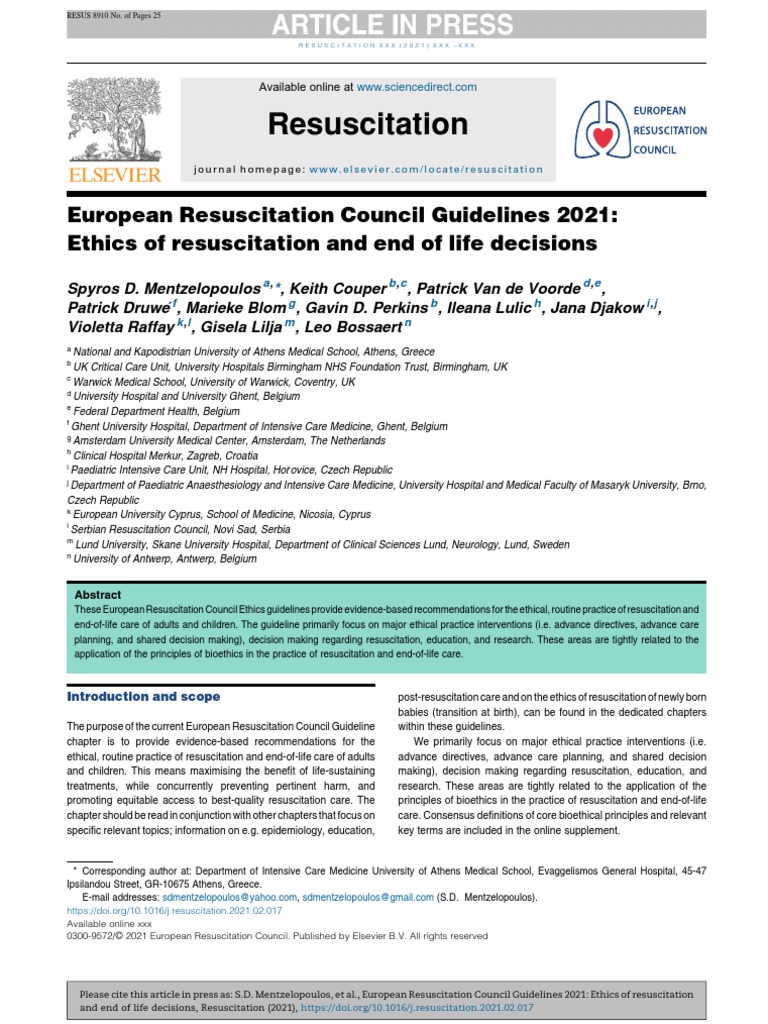 Resuscitation: European Resuscitation Council Guidelines 2021: Ethics ...