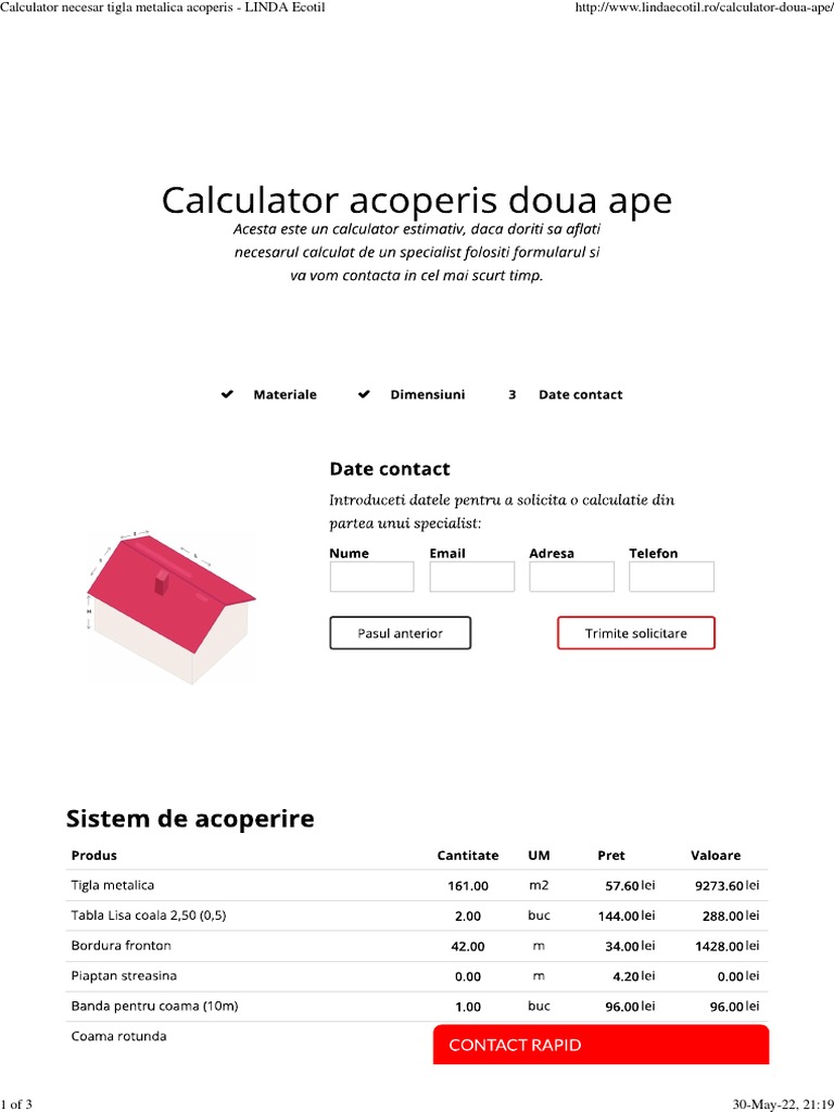Calculator Necesar Tigla Metalica Acoperis - LINDA Ecotil | PDF