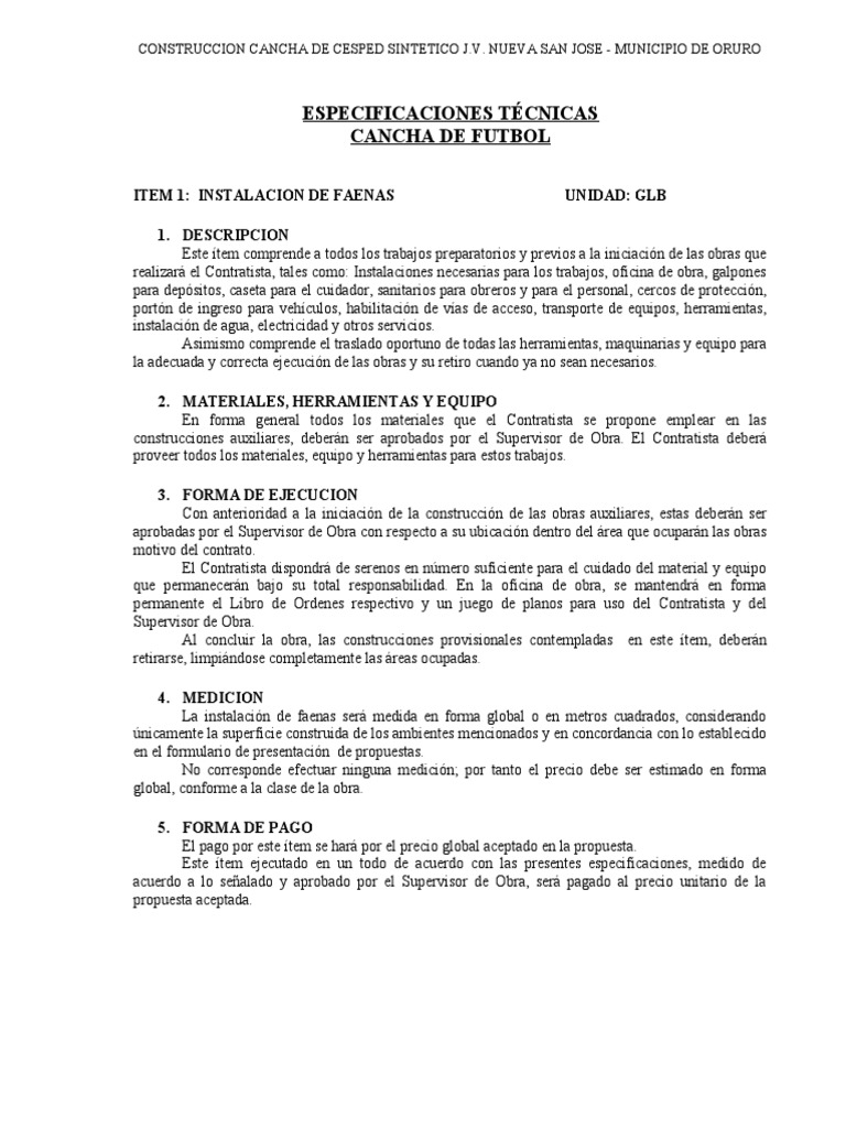 Especificacion Tecnicas Cancha de Futbol | PDF