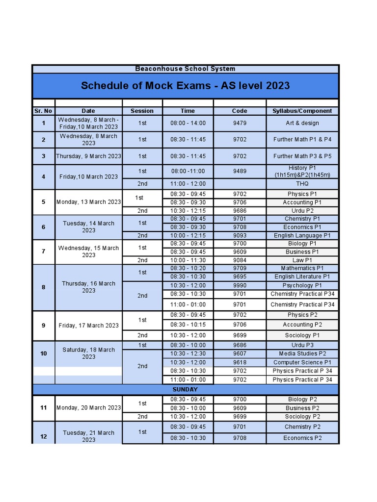 AS & A Level Mock Exam Schedule 2023 | PDF | Science