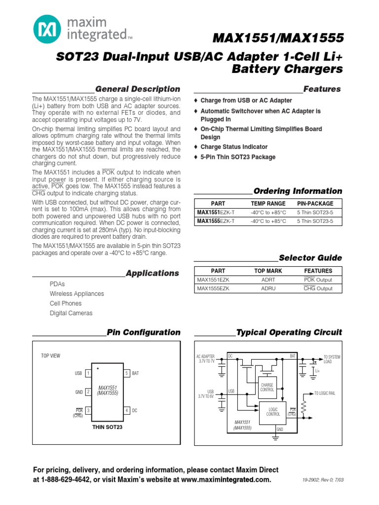 SOT23 Dual-Input USB/AC Adapter 1-Cell Li+ Battery Chargers: MAX1551 ...