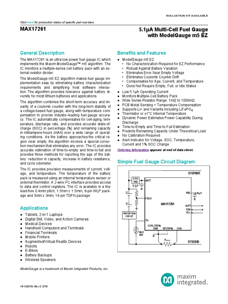 Max17261 5.1Μa Multi-Cell Fuel Gauge With Modelgauge M5 Ez: General Description Benefits And ...
