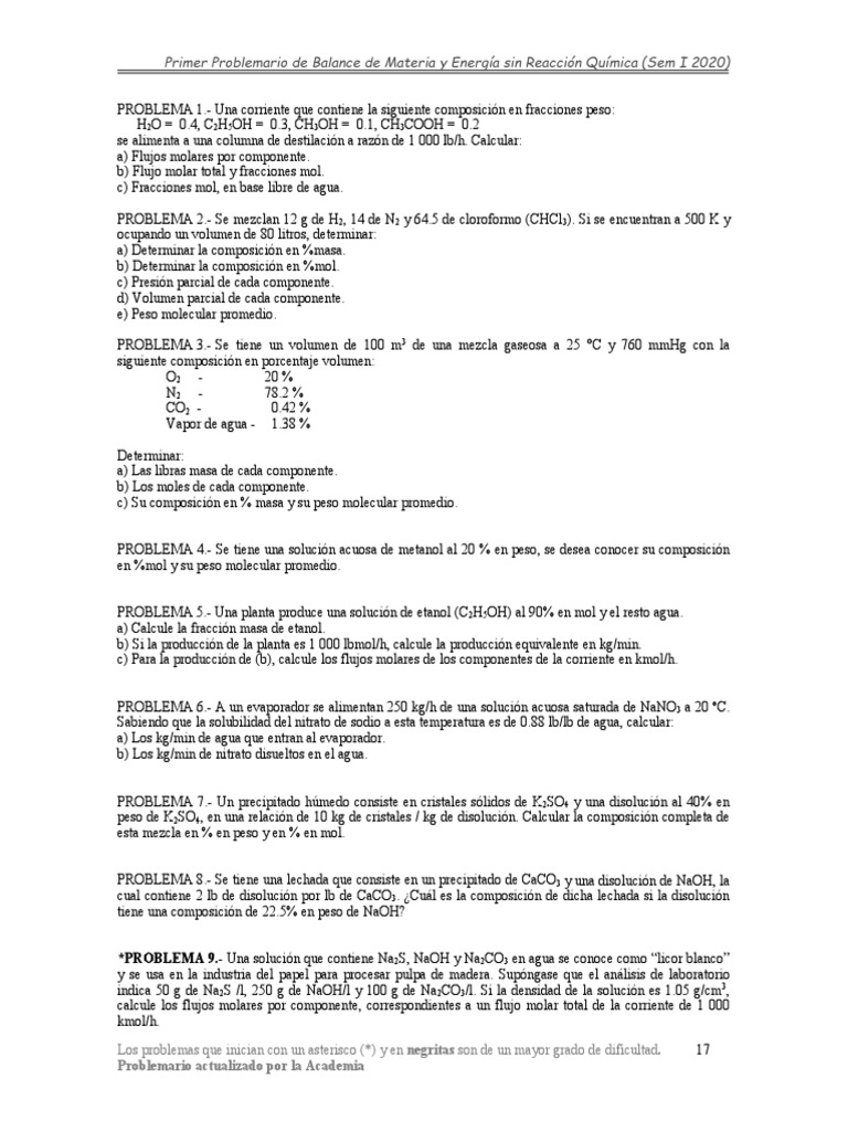 Problemario BME | PDF | Destilación | Agua
