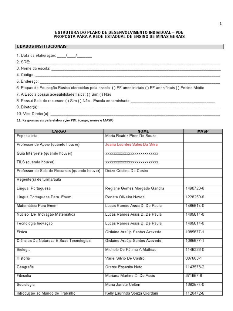 Estrutura Do Plano de Desenvolvimento Individual - Pdi: Proposta para A ...