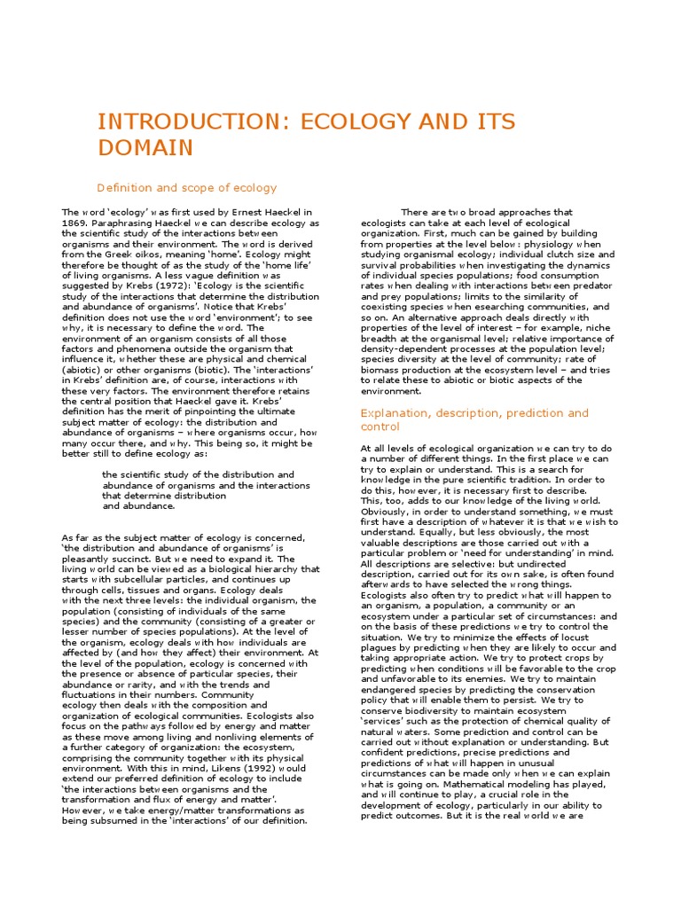 Introduction Ecology and Its Domain 1 | PDF