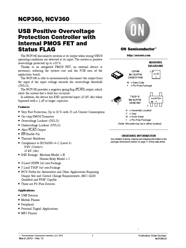 NCP360, NCV360 USB Positive Overvoltage Protection Controller With ...