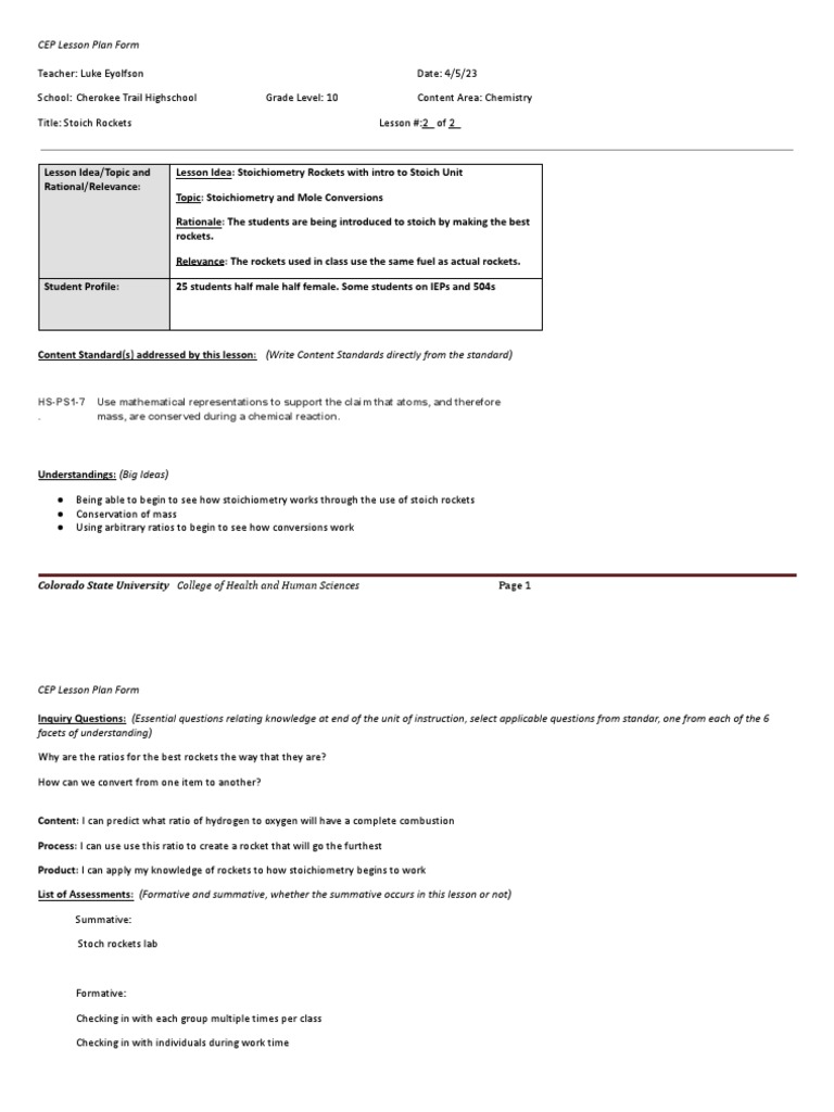 Cep Lesson Stoich Rockets | PDF | Stoichiometry | Lesson Plan