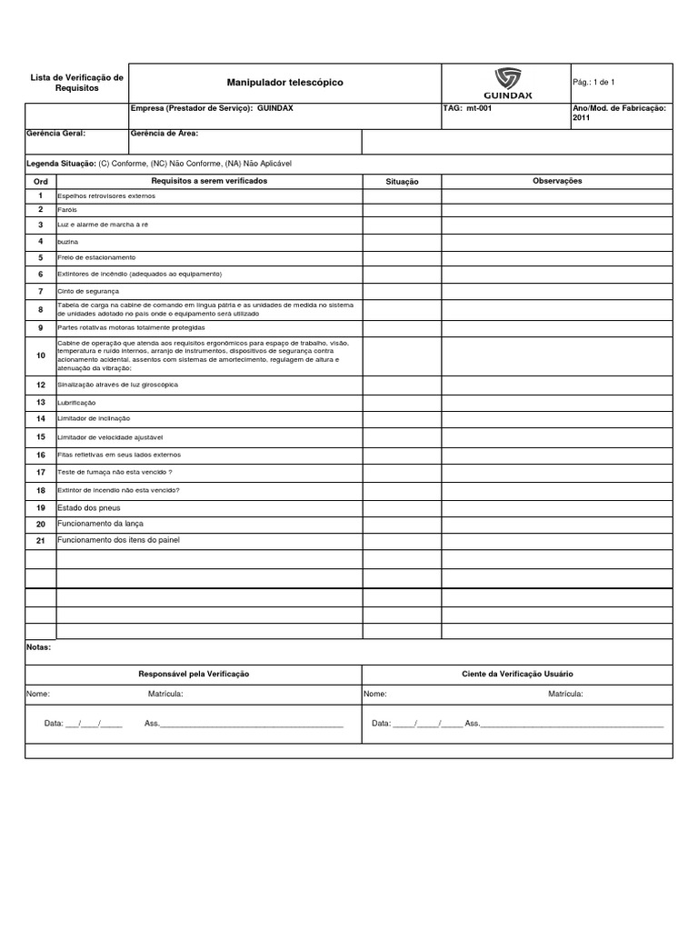 Checklist de Requisitos para Manipulador Telescópico | PDF