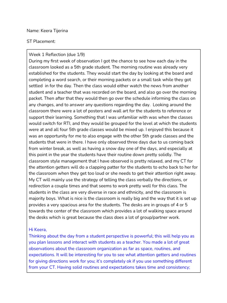 Weekly Reflection Journal | PDF | Classroom | Teachers