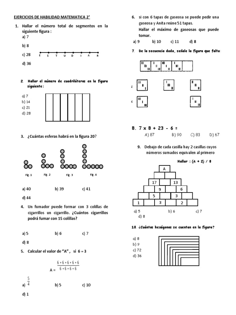 2° GRADO EJERCICIOS DE HABILIDAD MATEMATICA1er Ajuste | PDF