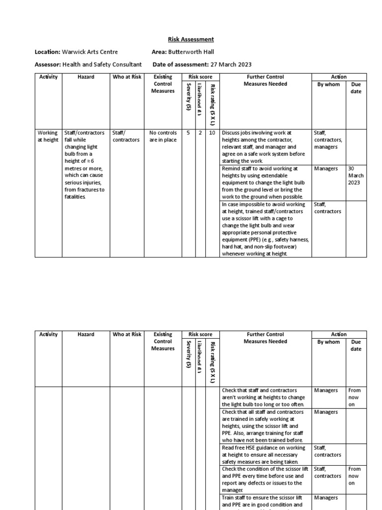 Risk Assessment Location: Warwick Arts Centre Area: Butterworth Hall ...