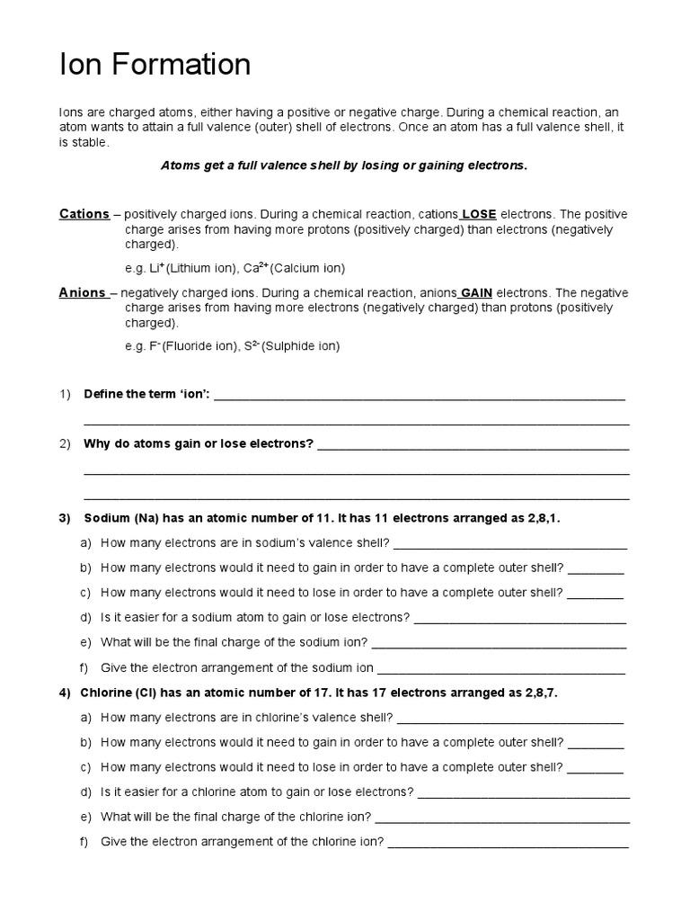 Ion Formation Worksheet | PDF | Ion | Atoms