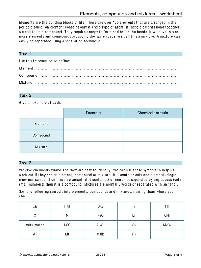 Elements, Compounds and Mixtures Worksheet | PDF | Chemical Compounds ...