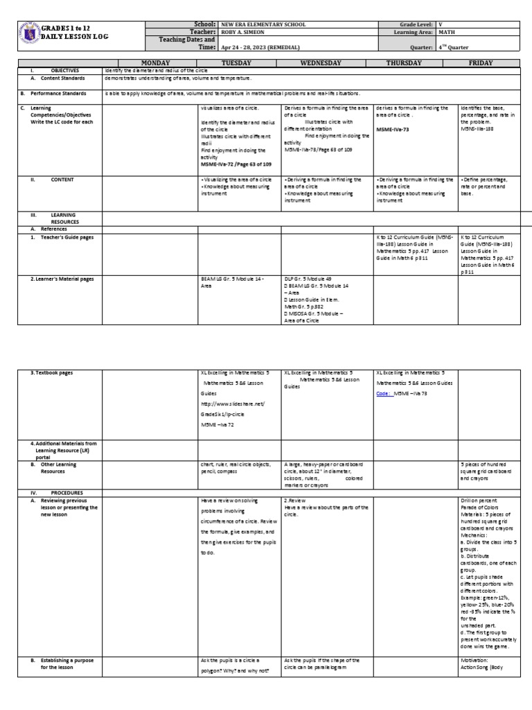 Grade 5 DLL MATH 5 Q4 Week 1 | PDF | Area | Circle