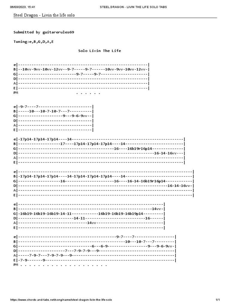 Steel Dragon - Livin The Life Solo Tabs | PDF