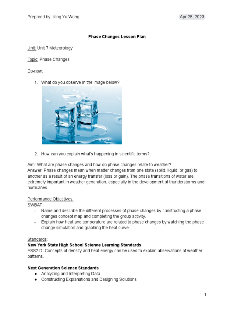 4 30 2023 Phase Changes Lesson Plan | PDF | Phase (Matter) | Phase ...