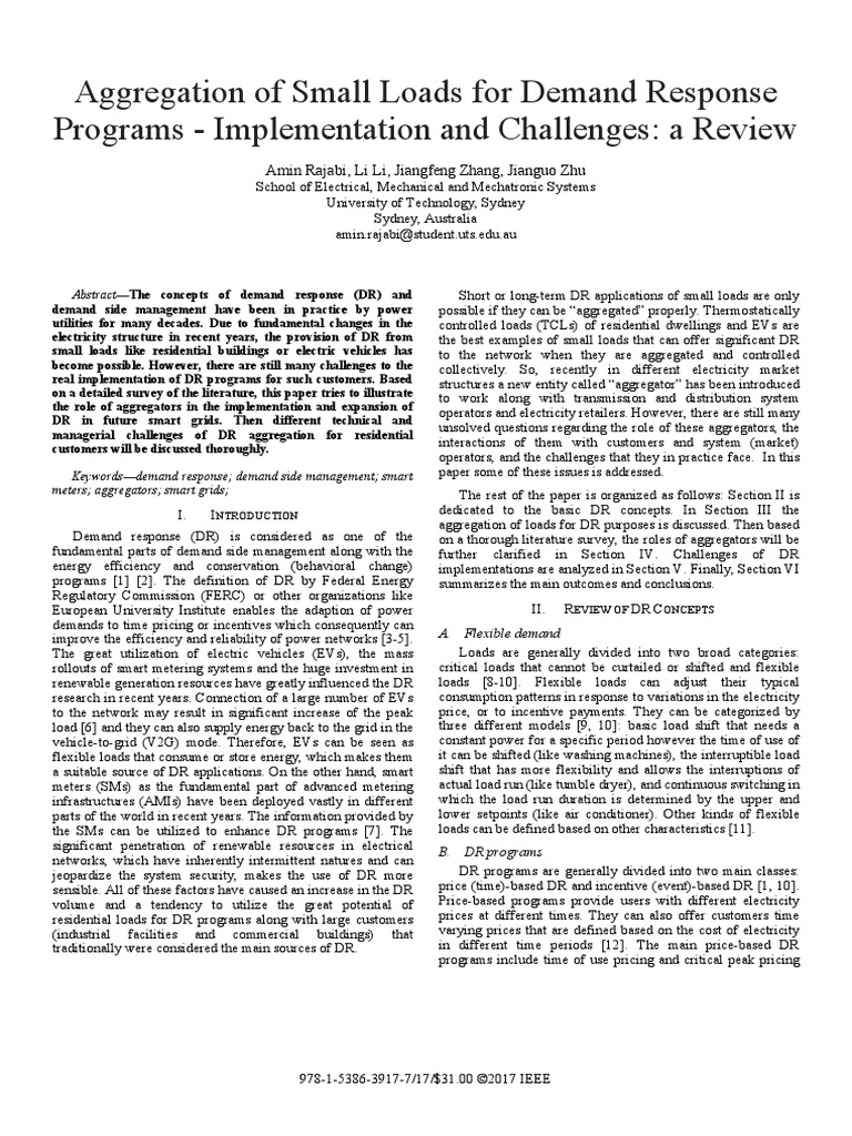 Aggregation of Small Loads For Demand Response Programs - Implementation and Challenges - A ...