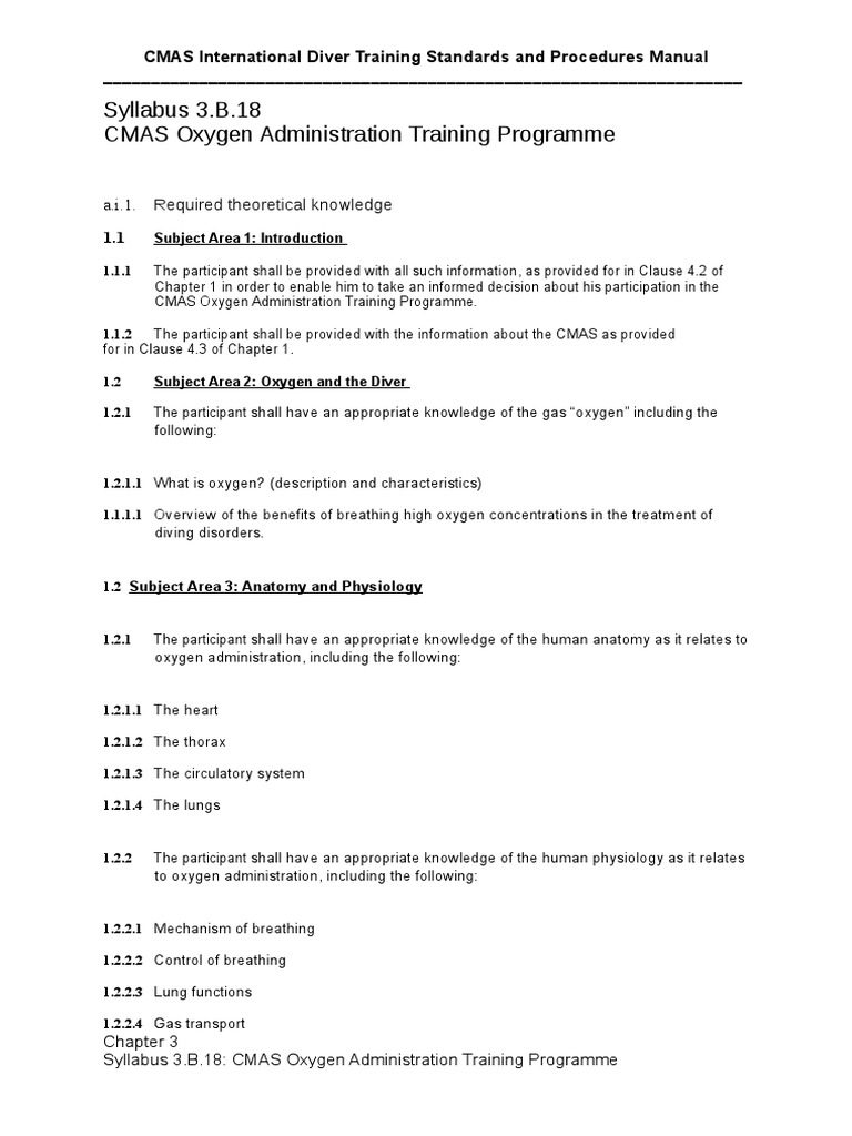 CMAS_OXYGEN_ADMINISTRATION_TRAINING_PROGRAMME | PDF | Underwater Diving | Breathing