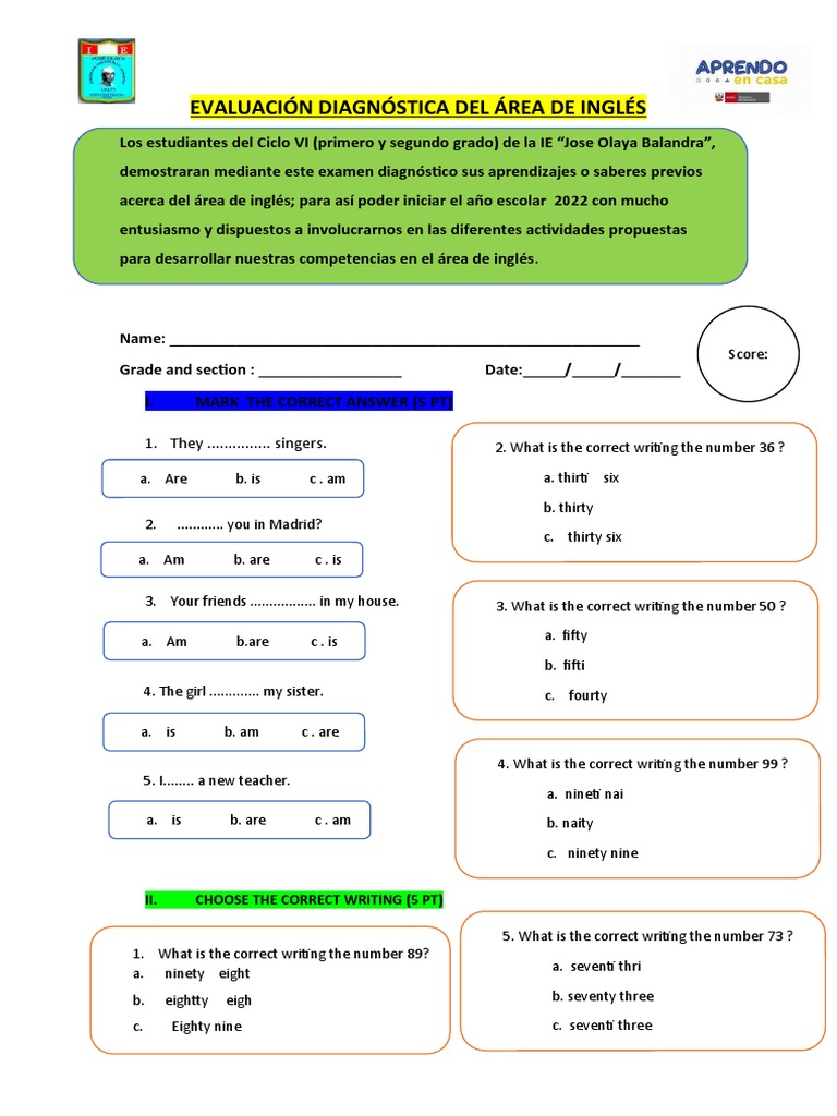 Evaluación Diagnóstica Del Área de Inglés | PDF