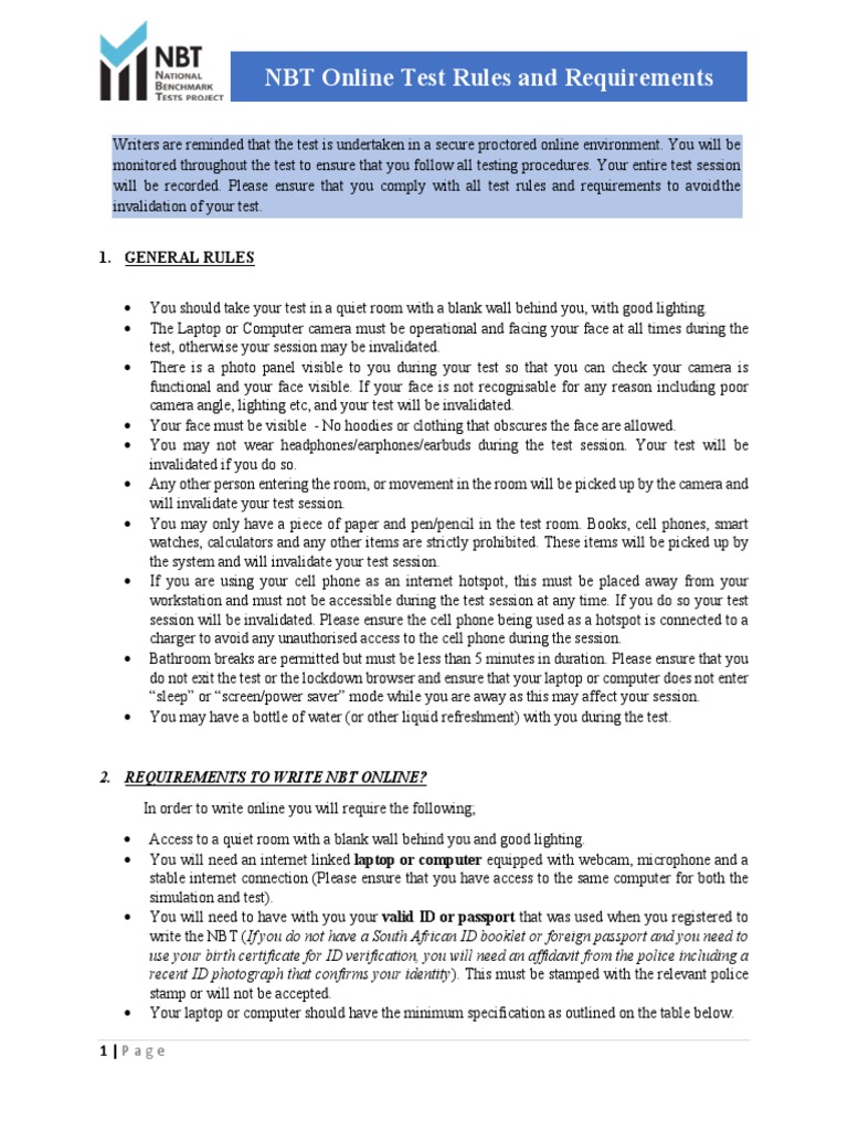 NBT Online Test Rules and Requirements | PDF | Simulation ...