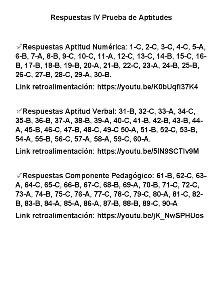 Respuestas IV Prueba de Aptitudes Respuestas Aptitud Numérica | PDF