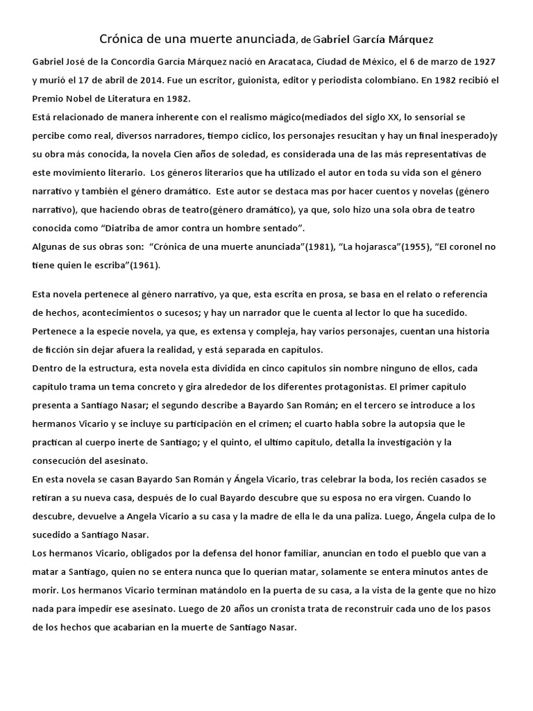 Crónica de Una Muerte Anunciada Analisis | PDF | Gabriel García Márquez ...