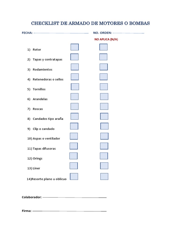 Checklist de Armado de Motores O Bombas: Fecha: No. Orden | PDF