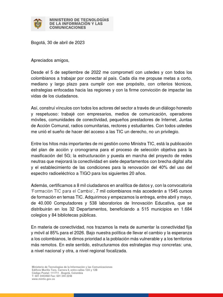 Carta de Despedida Sandra Urrutia | PDF | Tecnología de información y comunicaciones | Colombia