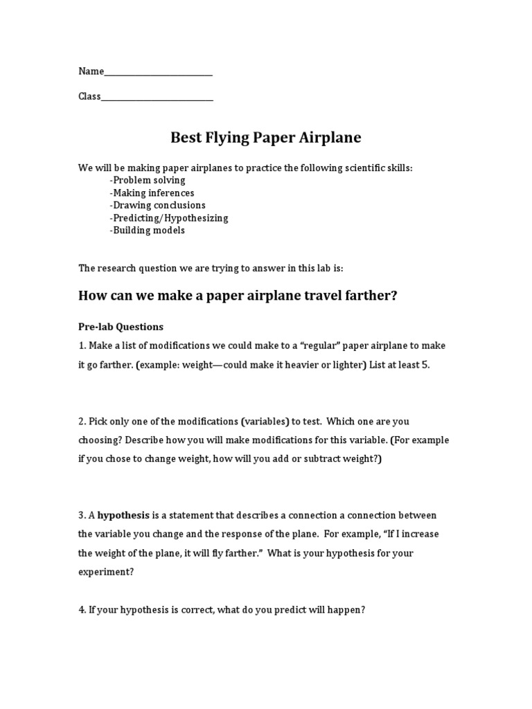 Paper Airplane Lab | PDF | Experiment | Hypothesis