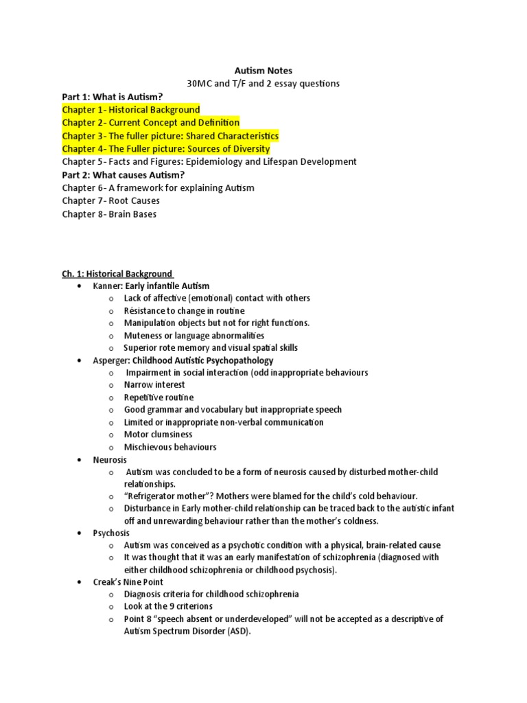 Autism Notes Part 1: What Is Autism?: Ch. 1: Historical Background | PDF