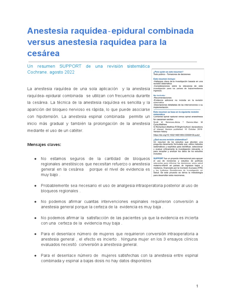 Anestesia Raquídea Epidural Combinada Versus Anestesia Raquídea para La ...