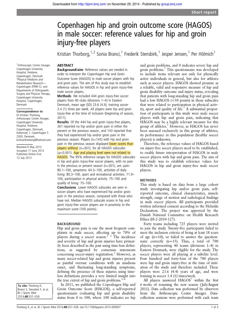 HAGOS Reference Values in Soccer | PDF | Self Report Study | Pain