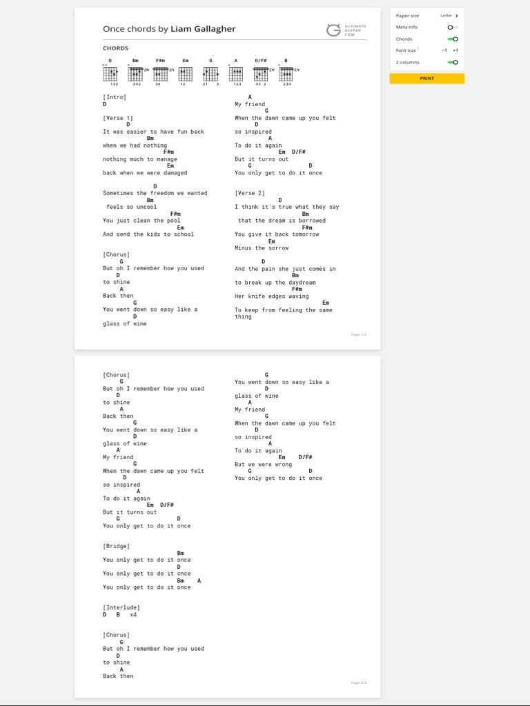 Once Chords by Liam Gallaghertabs at Ultimate Guitar Archive | PDF | Songs