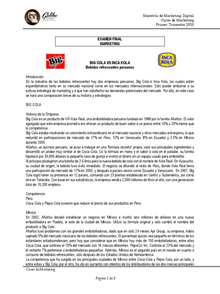 Caso para Examen Final Caso Big Cola - Inka Cola | PDF | Pepsi | Coca Cola
