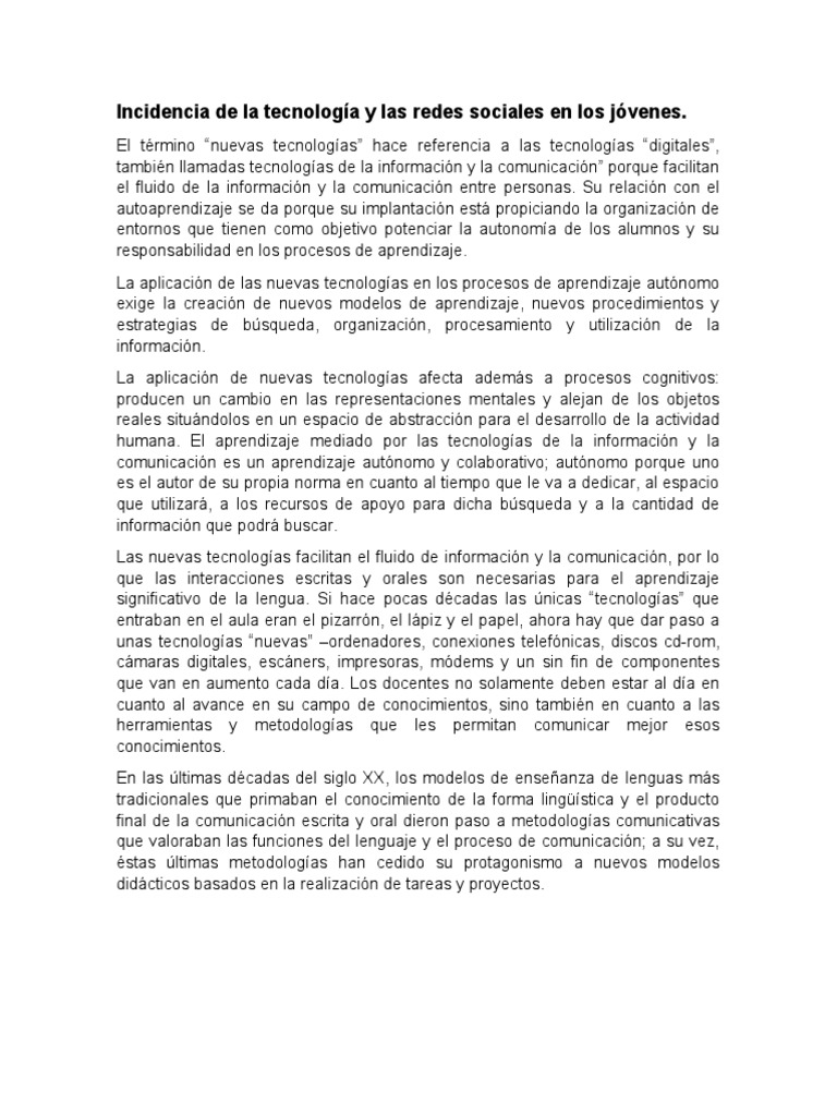 Incidencia de La Tecnología y Las Redes Sociales en Los Jóvenes | PDF ...
