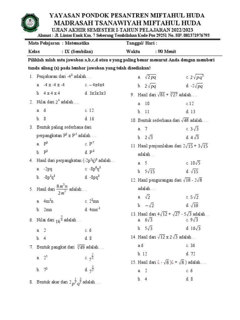Soal Pas-1 MTK Ix MTS 2022 | PDF