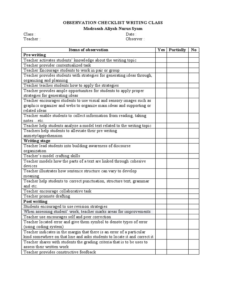 Observation Checklist for Writing Class | PDF